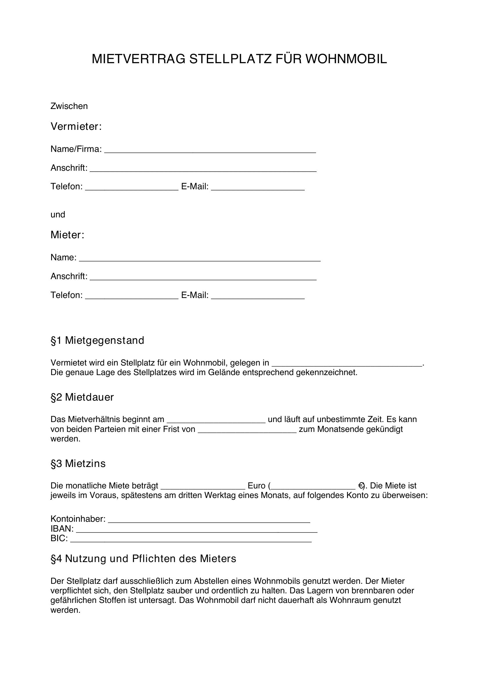 Mietvertrag Stellplatz Vorlage Word
